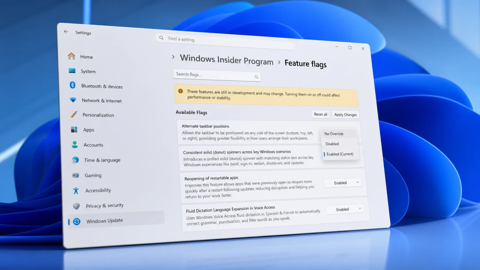 Windows 11 Experimental channel feature flags and how to enable them